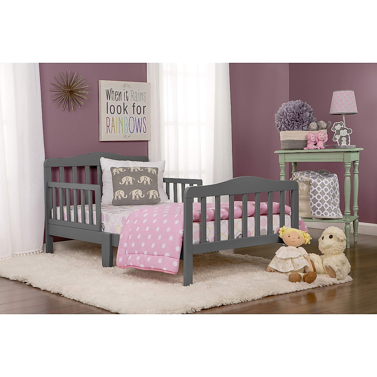 Dream On Me Classic Design Steel Grey Toddler Bed with Twilight Greenguard Gold Certified Spring Mattress