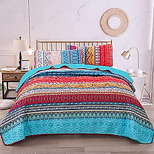 WONGS BEDDING Bohemian Quilt Set California King, Boho Striped Pattern Printed Quilt Coverlet for All Season, Soft Microfiber Boho Bedspread Set 96"x106"(3 Pieces, Blue)