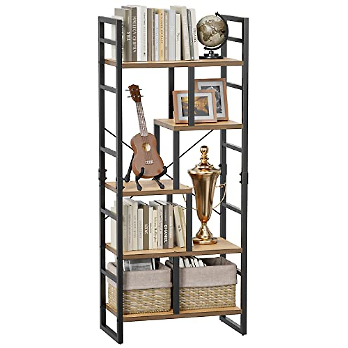 Pipishell 5-Tier Bookshelf, Tall Bookcase Storage Shelf Organizer with Steel Frame, Decorative Industrial Display Shelf, Multipurpose Storage Rack for Bedroom, Living Room, Office, Study, Hallway