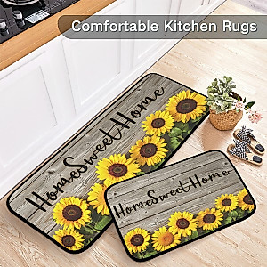 Sunflowers Wooden Kitchen Rugs Non-Slip Fall Kitchen Mat for Floor Farmhouse Kitchen Decor Accessories 2 PCS Comfort Foam Rug Doormats Standing Mat