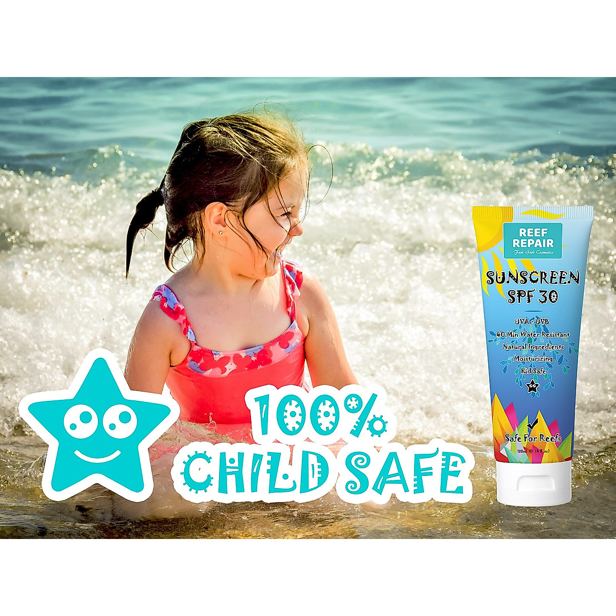 Reef Safe Sunscreen SPF 30+ All Natural, Water Resistant, Moisturizing, Biodegradable, Broad Spectrum UVA/UVB Coral Friendly Mineral Suncream from Reef Repair 4 fl. Oz