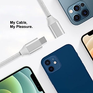 EMATETEK Braided i-Phone Extension Cable Pass Video Audio Music Photo Data, Charge. 1PCS 3.3Feet Male to Female i-Phone Extender Cord Made of Sliver Aluminum & White Braided.(3.3Feet)