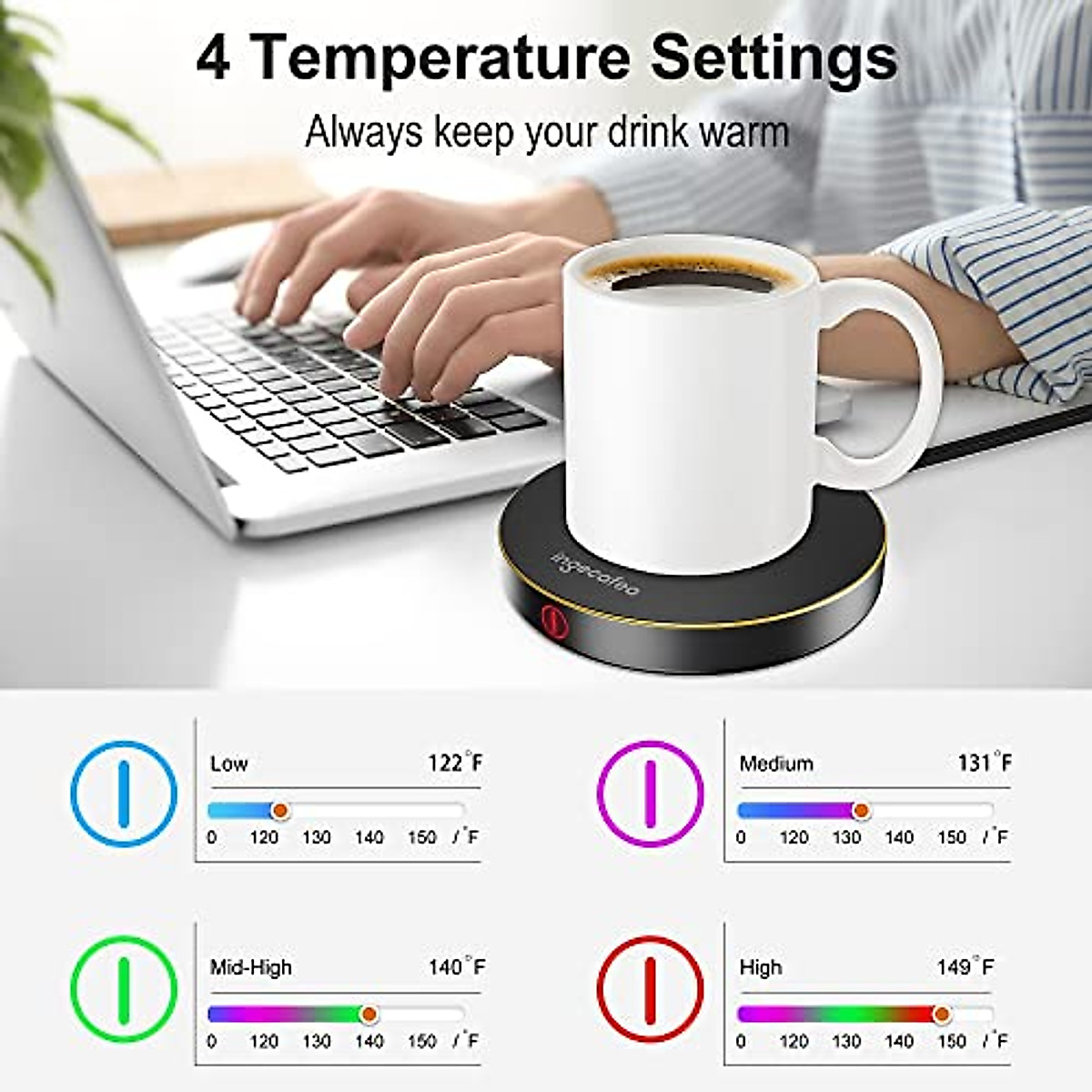 Coffee Mug Warmer for Desk Auto Shut Off, Ingecafea Coffee Cup Warmer for Desk Use 4 Temperature Settings & 4 Hours Auto Shut Off Large Heated Hot Plate for Beverage Tea Coffee Milk (Round)