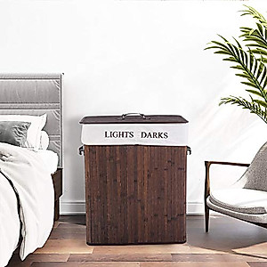 Giantex Double Laundry Hamper Bamboo Foldable Rectangle Hamper with Lid,Cloth Liner and String Handles Storage Bag Laundry Basket(Brown)