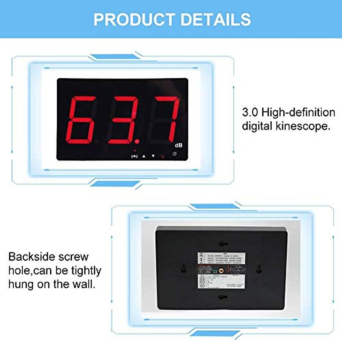 Fdit Wall Mounted Decibel Meter, Digital Sound Level Meter Noise Meter Tester Measurement Range 30-130dB, Accuracy 1.5dB with LCD Display