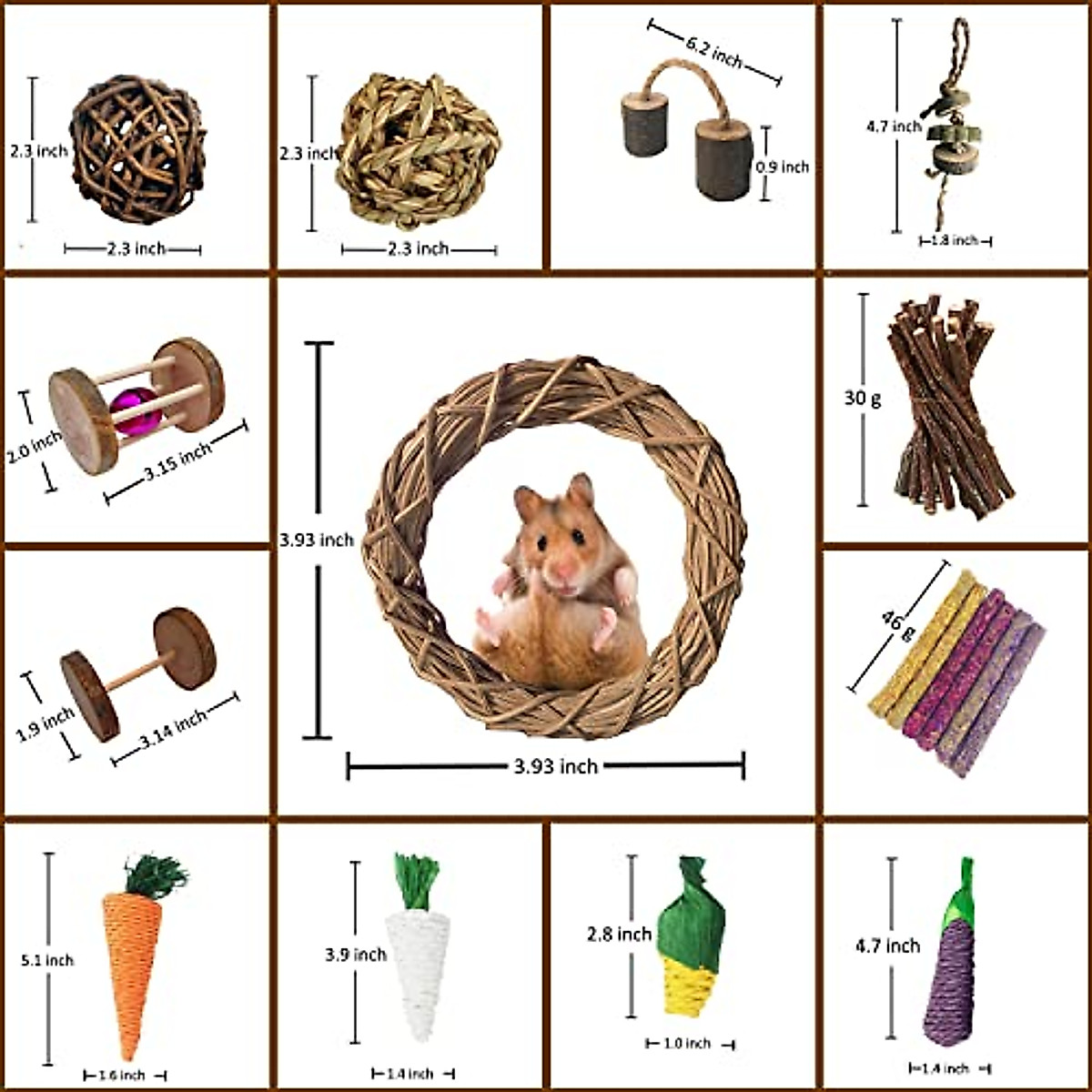 13PCS Guinea Pigs Toys, Rabbit Toys Set Natural Wooden Hamster Toys for Teeth Care, Best Choose for Rabbit Guinea Pig Rat Bunny Chinchillas Gerbils Chew
