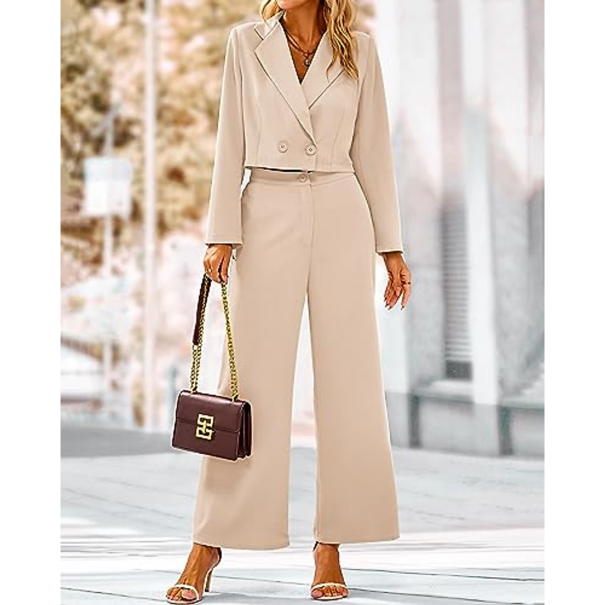 PRETTYGARDEN Women 2 Piece Sets Lapel V Neck Short Blazer Jackets Wide Leg Pant Suits Dressy Work Jumpsuits for Office(Solid Beige,Medium)
