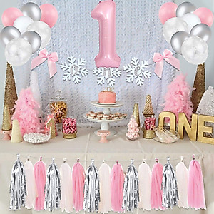 Winter 1st Birthday Girl Decoration One Snowflake Banner High Chair Pink Bow Garland Foil Balloon Paper Tassel Princess Cake Smash Supplies