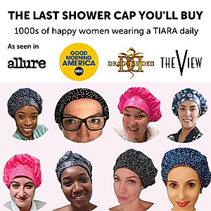TIARA Luxury Shower Cap for Women Reusable Waterproof, Hair Cap for Long & Short Hair, All Size Flexi Adjustable Terry Lined Cloth Plastic Leakproof Soft, Breathable, Durable & Comfy (Dots Blue)