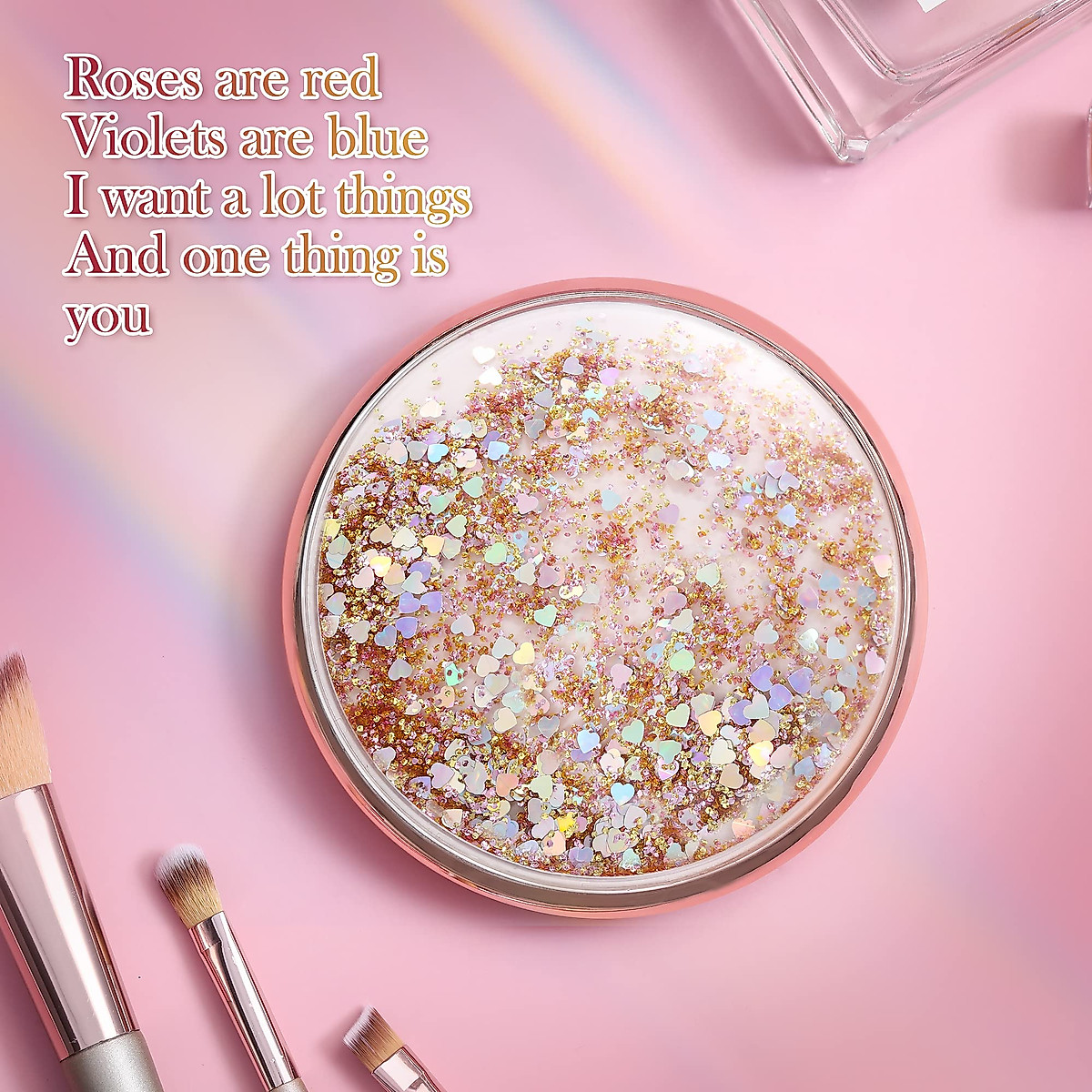 B Beauty Planet Compact 20X Magnifying Mirror with Light,5-Inch,LED Travel Compact Mirror, Liquid Bling Glitter Quicksand Portable Folding Mirror with Lights(Golden Rose)