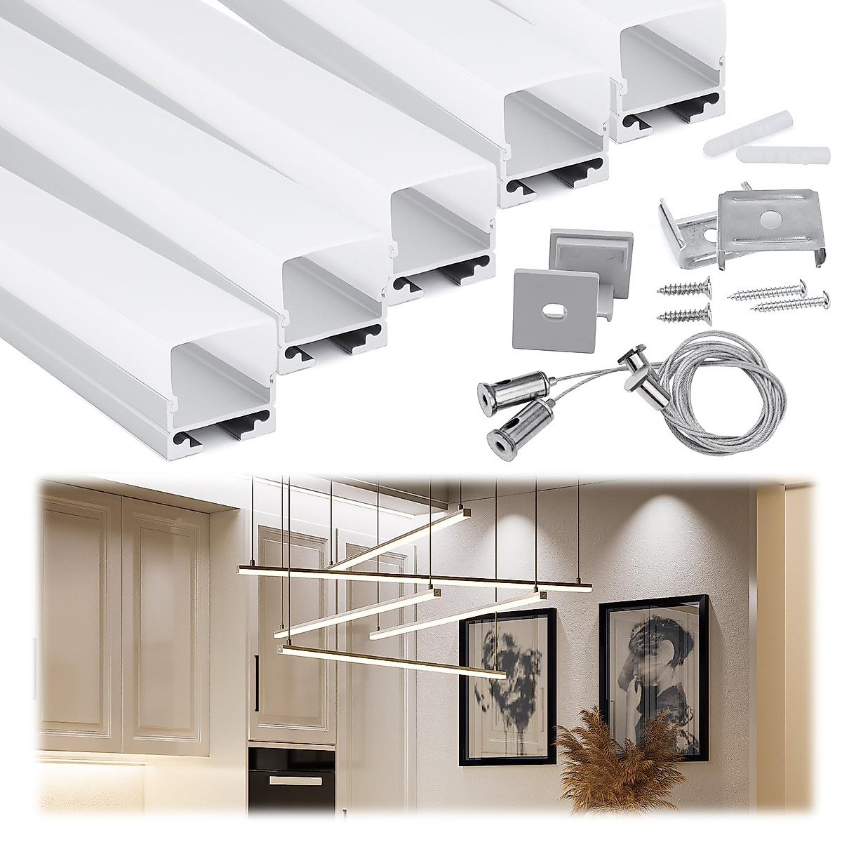 Muzata 5Pack 3.3ft/1M LED Strip Channel with Hanging Wire, Spotless Frosted Diffuser Cover for Garages, Workshops Ceiling Light Daylight, Wide FlushMount Aluminum Profile Track U116 WW, LS2