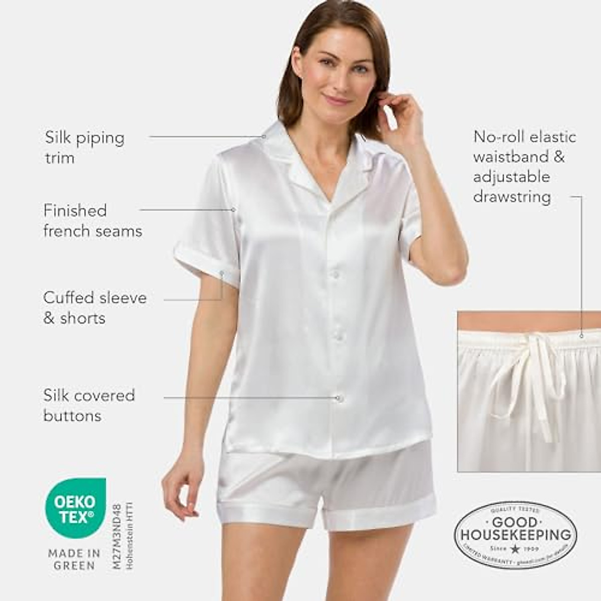 Fishers Finery Women's 100% Mulberry Silk Short Pajama Set; Collar (Pink, XL)