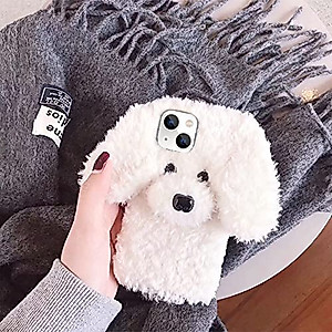 Losin Compatible with iPhone 13 Case Cute Plush Furry Dog Phone Case for Women Girls Girly 3D Cartoon Kawaii Case Soft TPU Shockproof Protective Cover White