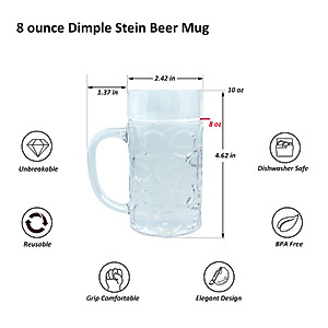 Beer Mug, Plastic Beer Mugs With Handles, 8 oz Dimpled Glass Beer Stein, Mini Oktoberfest Beer Mug, Reusable, Dishwasher-Safe (10 Pcs)