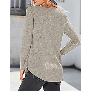 iGENJUN Long Sleeve V Neck Tunic Sweatshirts for Women T Shirts Solid Classic Loose Fit Tops 2023 Fall Fashion Trendy Outfits,Khaki,XL