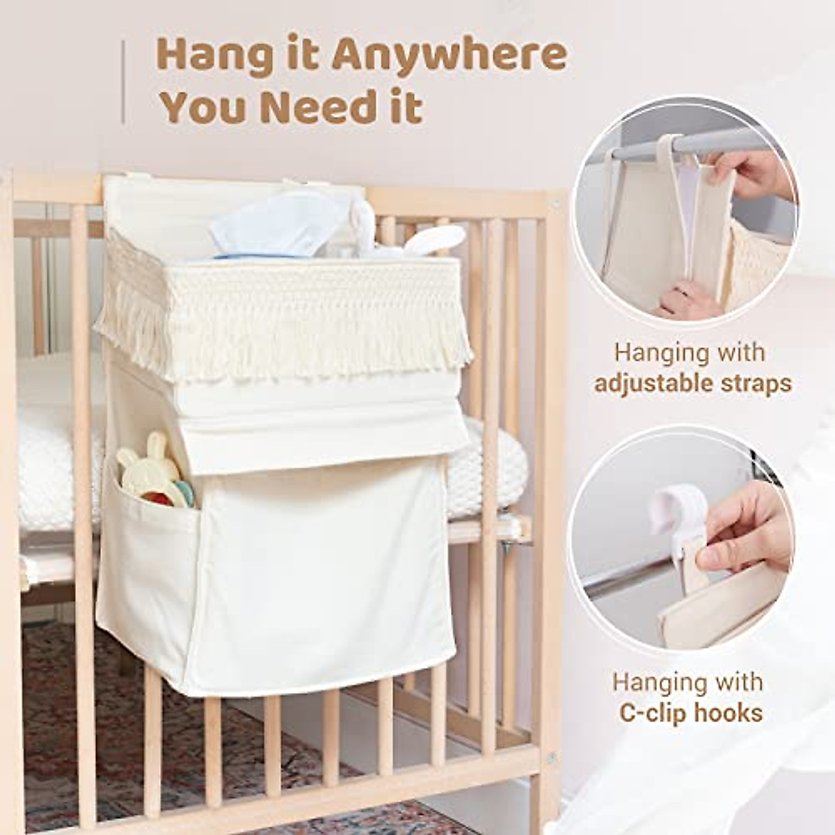 Mkono Diaper Organizer Caddy Macrame Hanging Baby Diaper Storage for Crib Changing Table Essentials Bag Boho Decor Diaper Stacker Holder for Nursery Bedroom, Newborn Gift, Ivory