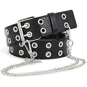 SUOSDEY Double Grommet Leather Belt with Detachable Chain for Women Men,Punk Black Belt with Double Studded Holes for Jeans