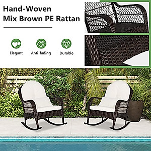 Tangkula Outdoor Wicker Rocking Chair, Patio Rattan Rocker with Seat Back Cushions & Waist Pillow, Sturdy Metal Frame, Mix Brown Outdoor Rocker for Balcony, Porch, Backyard (1, Off White)