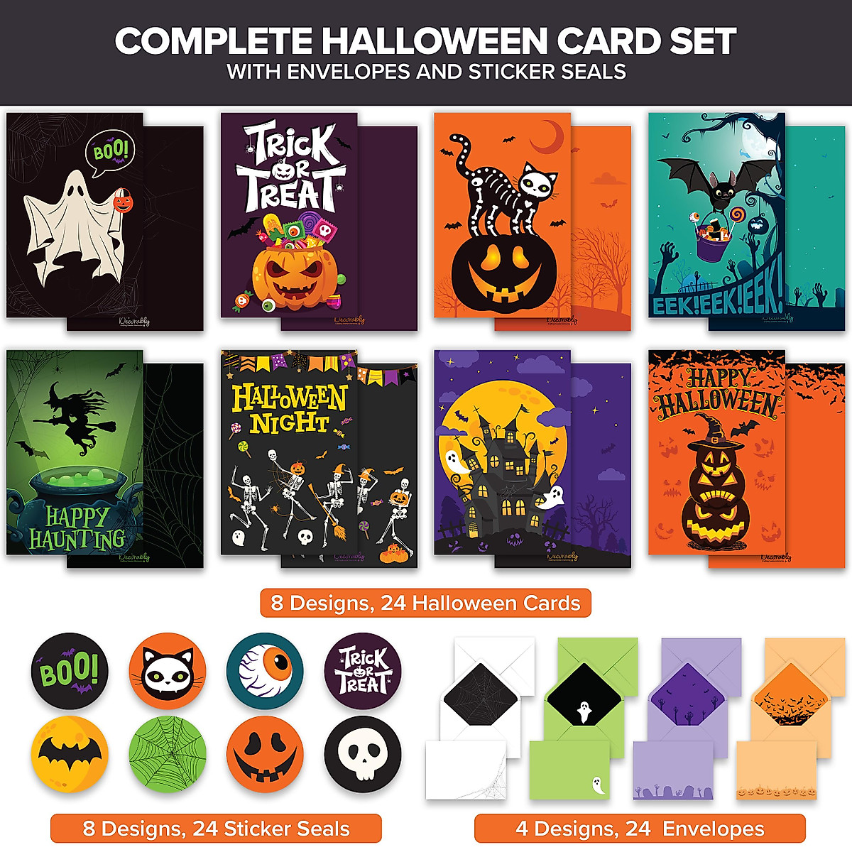 Decorably 24 Pack Happy Halloween Cards with Envelopes & Stickers - 8 Designs Blank Inside Halloween Cards and Envelopes, 4x6in Halloween Cards for Kids, Halloween Note Cards, Halloween Greeting Cards