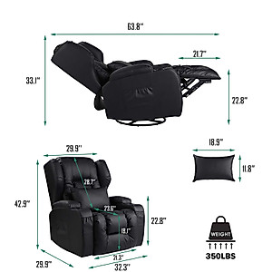 URRED Nursery Rocking Chair Glider, Swivel Rocker Recliner Chairs, Glider Rocker Nursery Recliner with Cup Holders, Side Pockets, Manual Recliner, Faux Leather (Black)