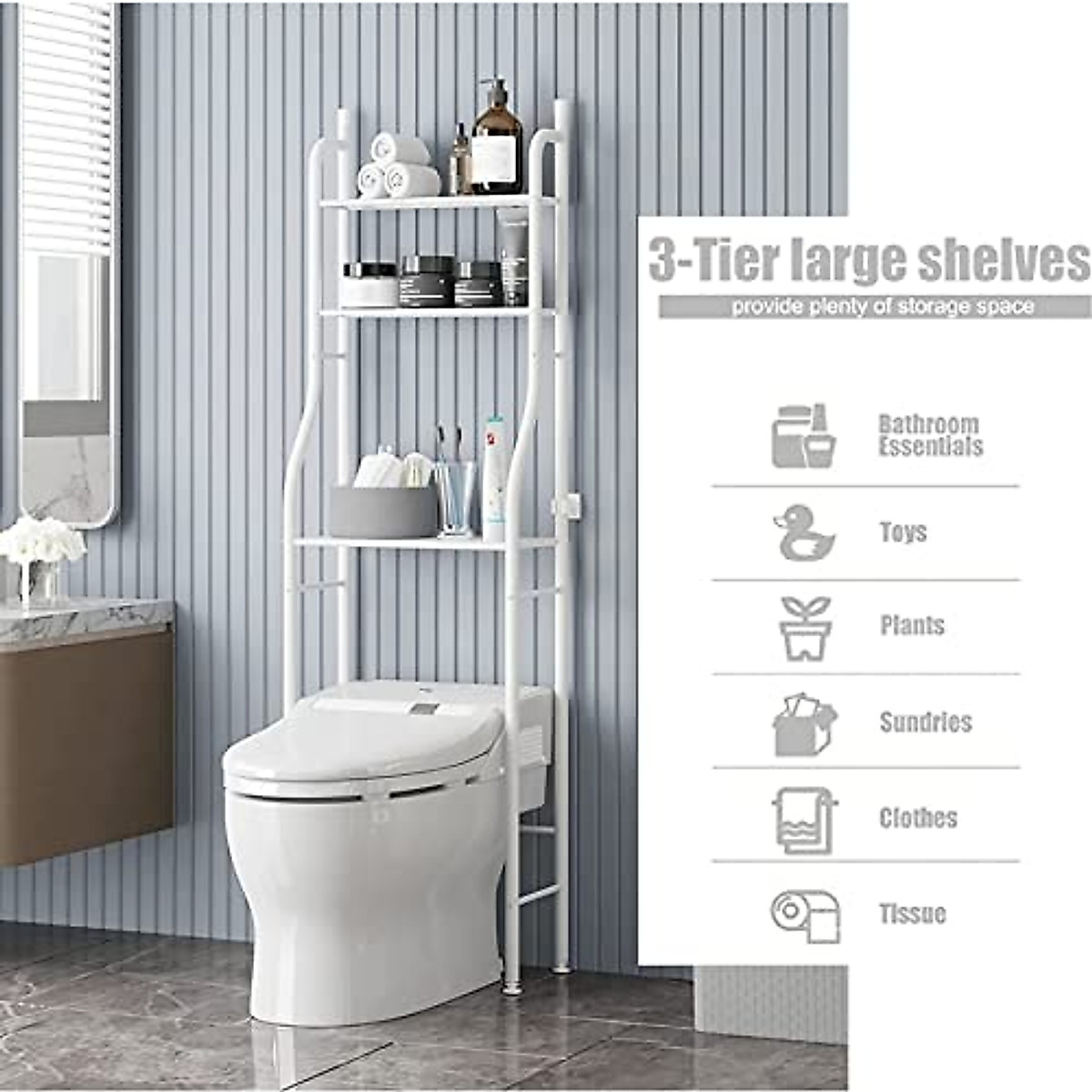 LUCKMETA Over The Toilet Storage Rack, 3-Tier Multifunctional Bathroom Organizer Shelf, Stable Storage Shelves, Easy Assembly, Space Saver, Metal, with Toilet Paper Holder and Hooks (White)