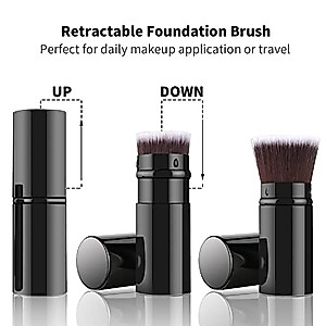 Falliny Retractable Foundation Makeup Brushes, Travel Flat Top Kabuki Powder Brush Portable Liquid Foundation Brush with Cover Perfect for Blending Liquid, Cream or Flawless Powder Cosmetics