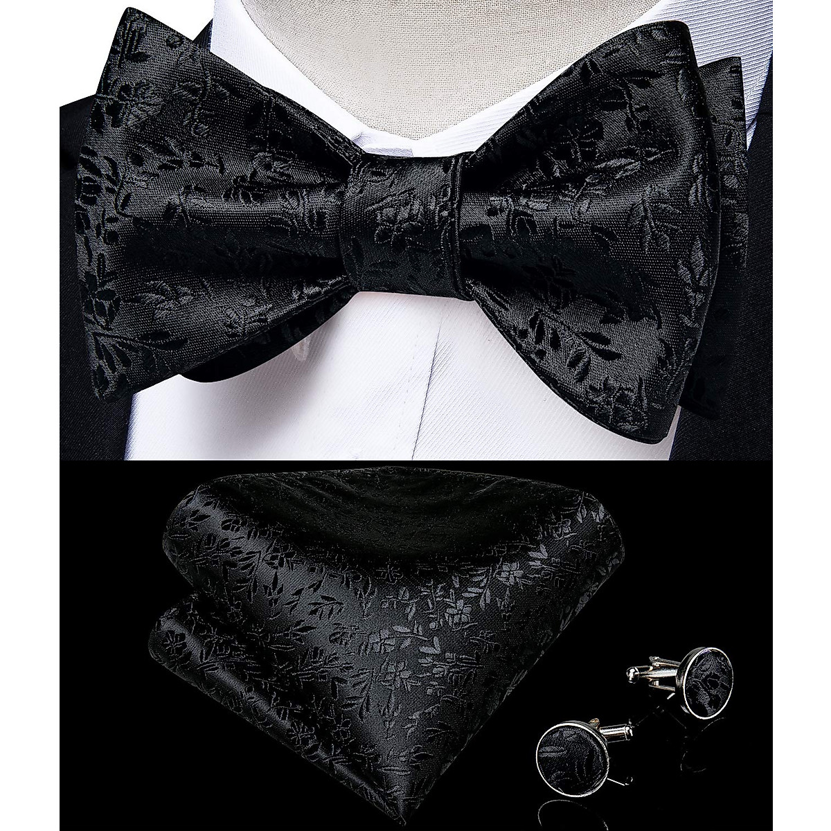 DiBanGu Black Bow Ties for Men Self Tie Bow Tie and Pocket Square Cuffllinks Set Formal Business Wedding