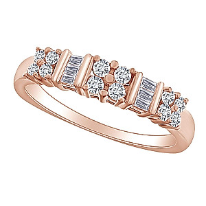 AFFY 1/4 Carat CT Baguette/Round White Natural Diamond Set Engagement Wedding Band Ring For Womens In 14k Solid Rose Gold (I-J Color, I2-I3 Clarity, 0.25 Cttw) Ring Size-6