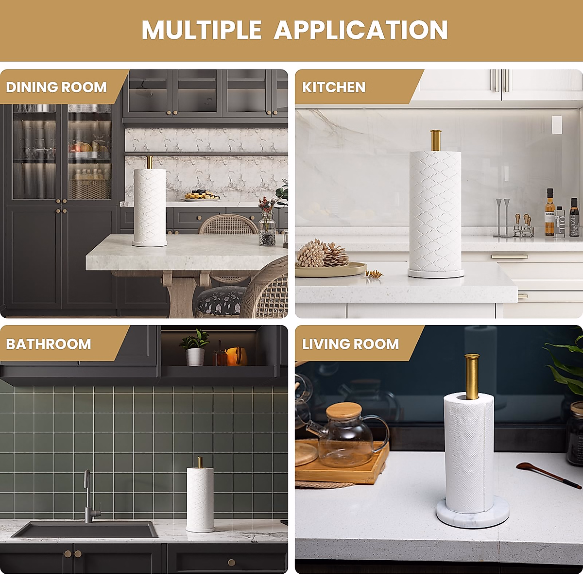 Adedeo Paper Towel Holder Countertop, White Marble Base, Gold Stainless Steel, Free Standing Paper Towels Roll Holder Stand for Kitchen Counter, Bathroom