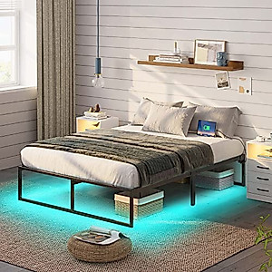 Rolanstar Bed Frame with USB Charging Station, Queen Bed Frame with LED Lights, Platform Bed Frame with Heavy Duty Steel Slats, 14" Storage Space Beneath Bed