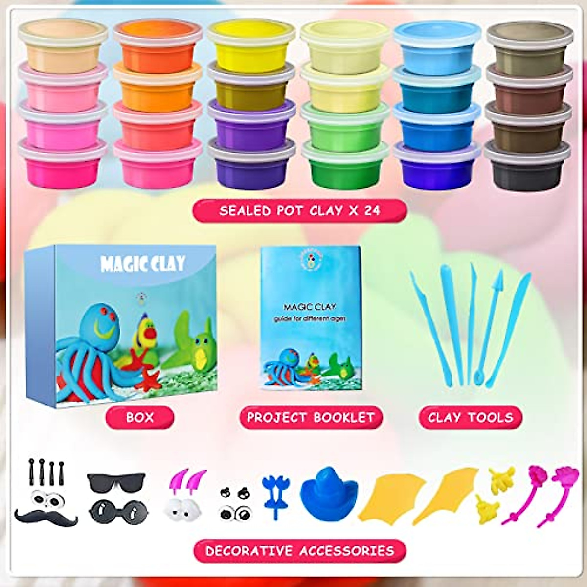 Modeling Clay Kit - 24 Colors Air Dry Ultra Light Magic Clay, Soft & Stretchy DIY Molding Clay with Tools, Animal Accessories, Easy Storage Box Kids Art Crafts Gift for Boys & Girls Age 3-12 year olds
