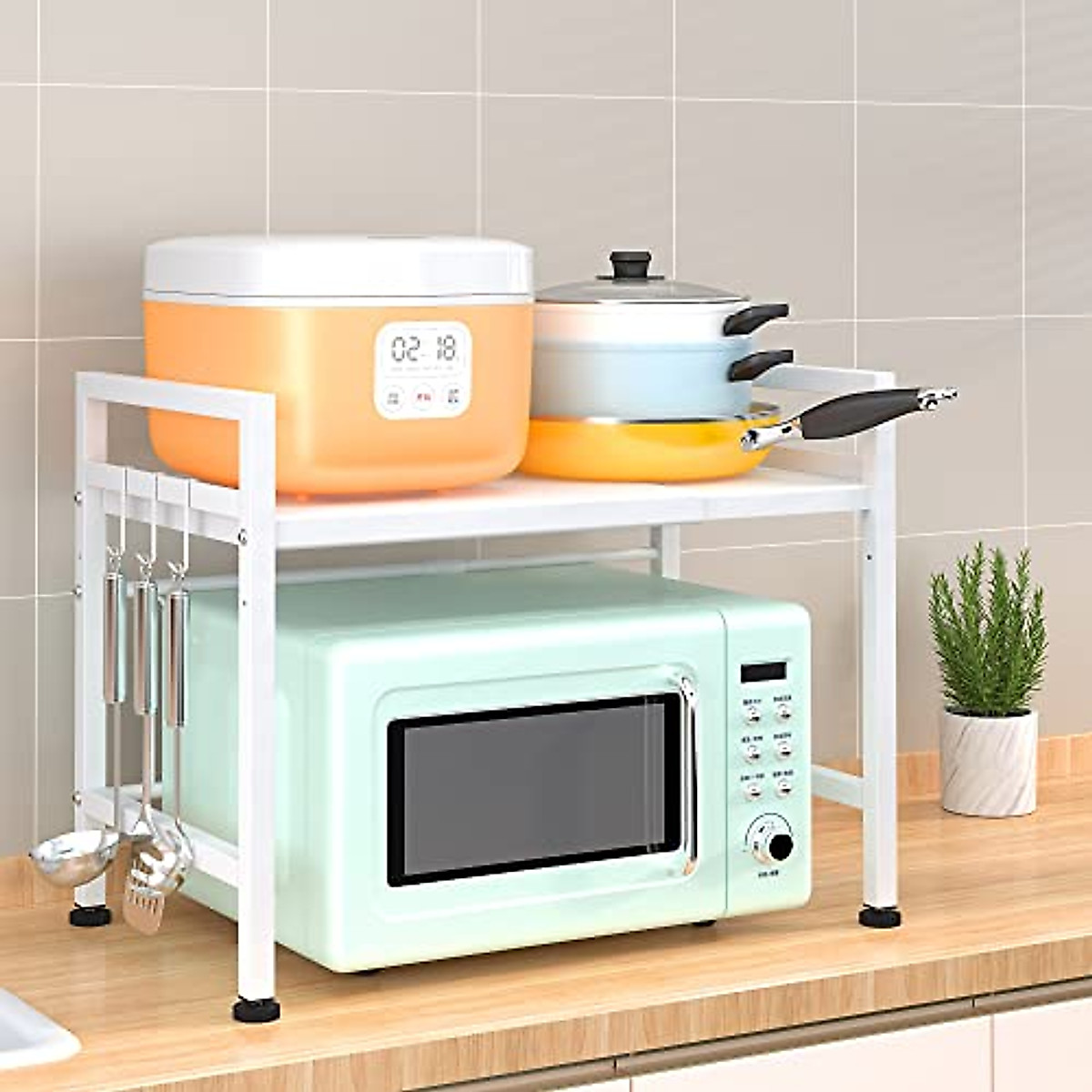 PUSDON Extendable Microwave Oven Rack, Adjustable Microwave/Toaster Shelf Heavy Duty Stand Kitchen Counter Top Organizer(L15.7~23.6" xW12.6 xH18.9), 2-Tier with 3 Hooks, 160lbs Weight Capacity, White