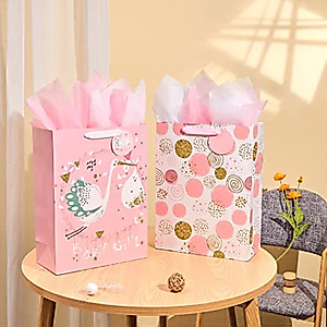SUNCOLOR 16.5" Extra Large Gift Bags for Baby Shower with Tissue Paper(2 Pack, Baby Girl)