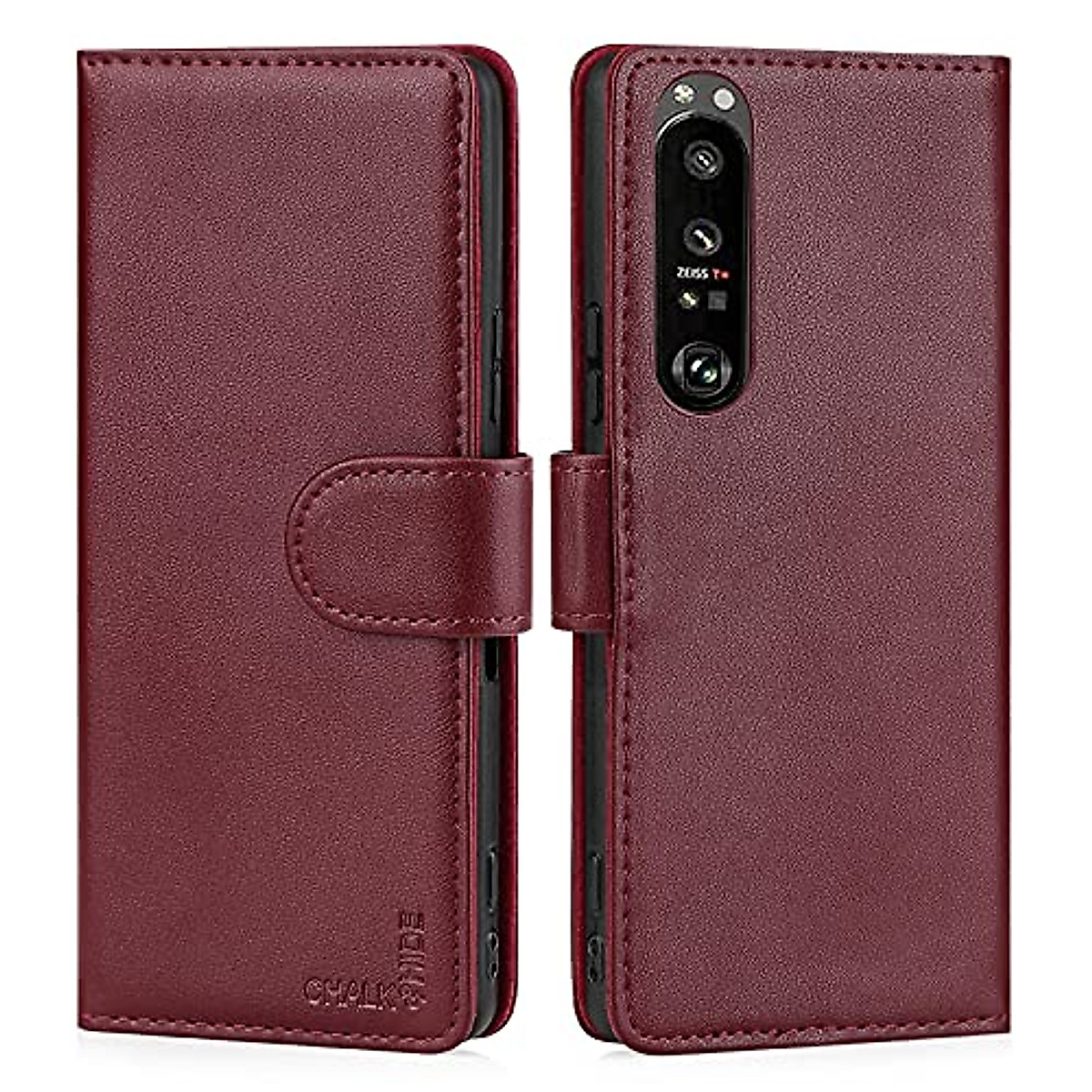 Chalk & Hide - Real Leather Book Wallet Case Cover for Sony Xperia 1 III (2021), Real Leather Design with Card Slot, Magnetic Closure and Built in Stand - Burgundy