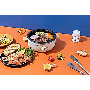 Aroma Housewares AMC-130 Whatever Pot, Indoor Grill, Cooking, Hot Pot with Glass Lid, Bamboo Handles, 2.5L, Stainless Steel/White