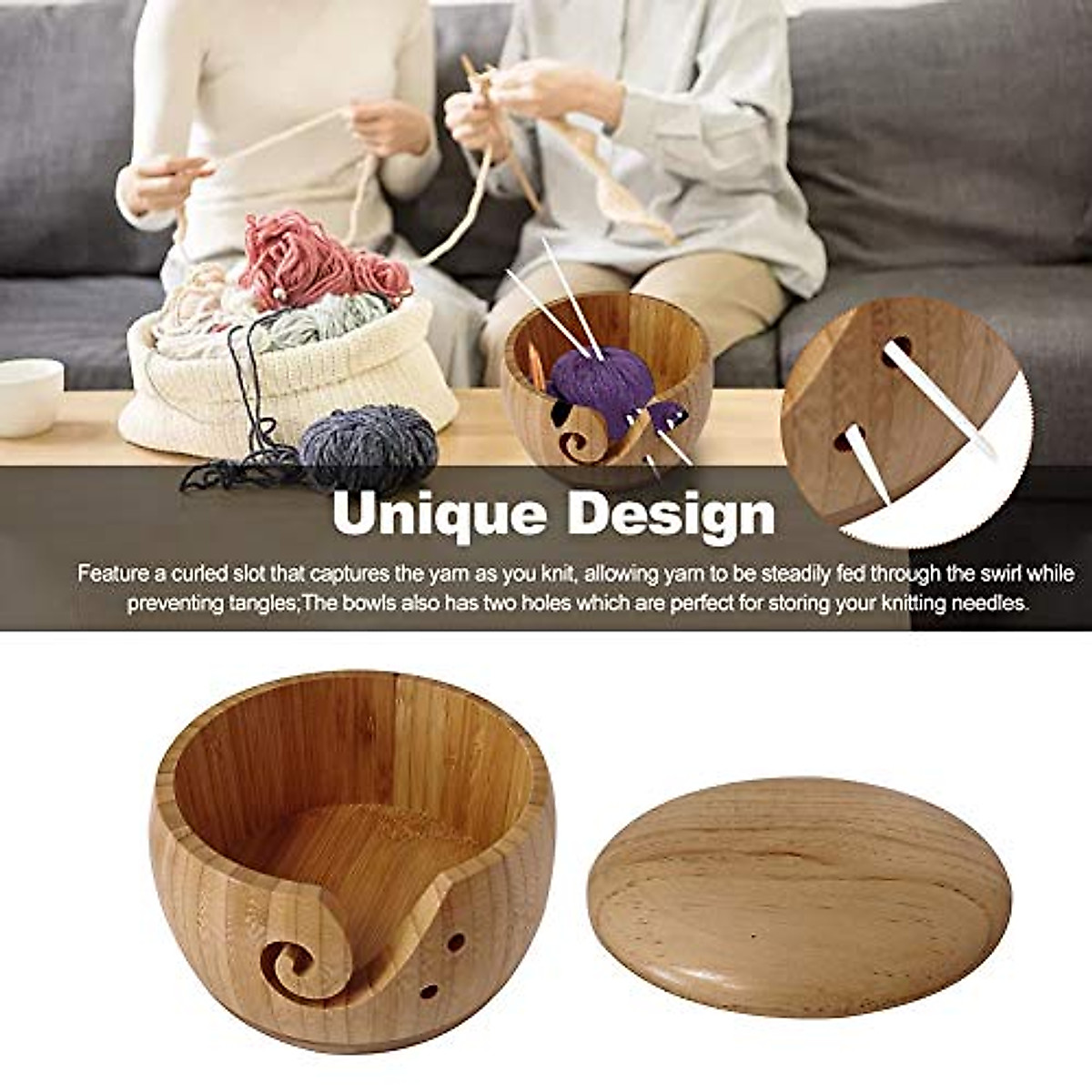 SYCOOVEN with Lid Yarn Storage Wooden Yarn Bowl Organizer, Knitting Wool Storage Basket Round with Holes, Handmade Craft Crochet Kit Organizer Perfect for Mother's Gift(Bamboo)