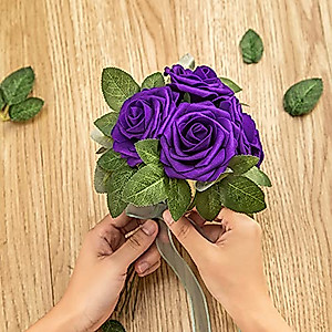 Lansdowns Artificial Flower Foam Rose 25pcs Real Looking Fake Rose with Stems Leaves for Home Decoration Party Garden Centerpieces DIY Wedding Bouquets（Purple）