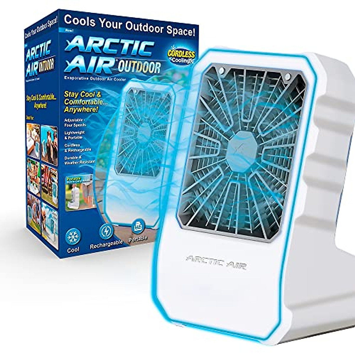 Arctic Air Outdoor Evaporative Cooler, Portable & Ultra-Quiet Air Cooler with 4 Fan Speeds, USB Rechargeable, 6-Hour Battery Life, Great for the Beach, Pool, Deck, Garden & More,White