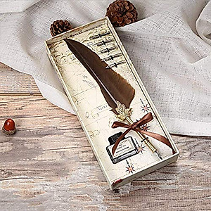 Calligraphy Feather Pen Set- Vintage Writing Feather Quill Pen Ink Set- 5pcs Metal Pen Nib Wedding Gift Set (Compass Box Feather Pen)