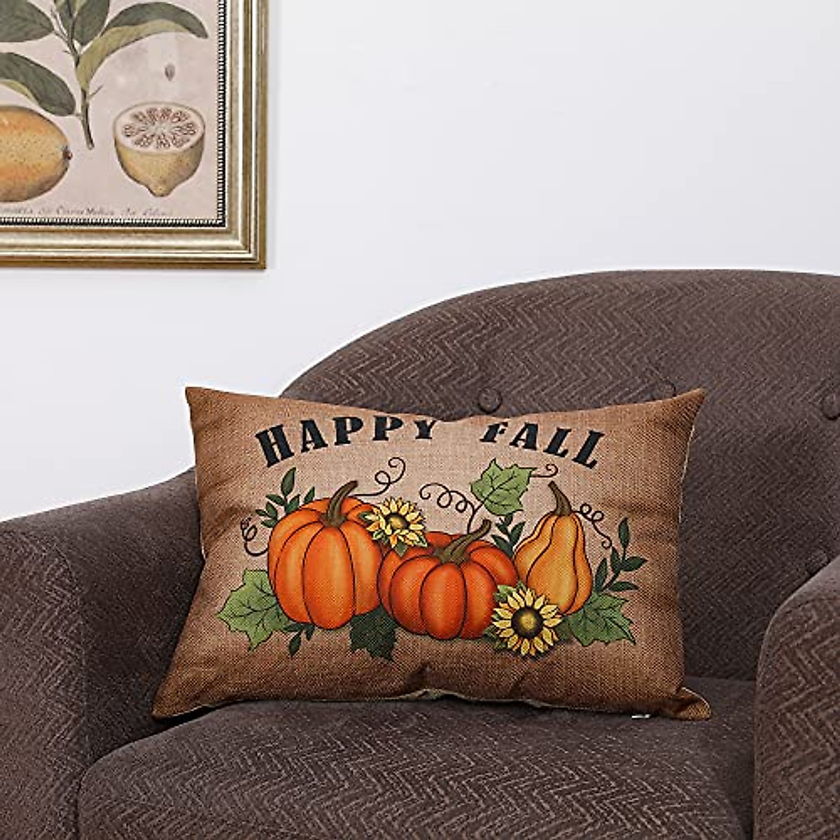 glitzhome Happy Fall Throw Pillows with Insert, 17.72" Pumpkin Throw Pillow for Sofa Couch Bed Great Faux Burlap Pillow for Fall Harvest Thanksgiving Home Office Decorative Throw Waist Lumbar Pillow
