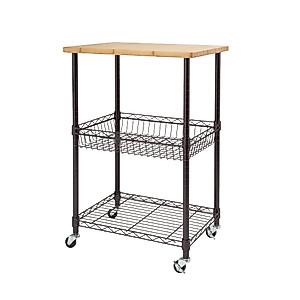 TRINITY BASICS 3 Tier Rolling Cart Kitchen Organizer with Bamboo Top, Metal Wire Storage Basket and Shelf for Household and Pantry Organization, Dark Bronze, 24” W x 18” D x 35” H