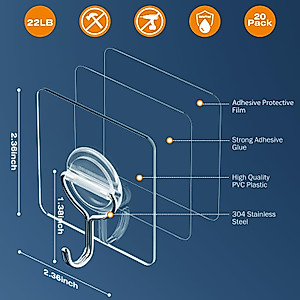 YSJNUS Adhesive Hooks Wall Hooks for Hanging Heavy Duty 22lb(Max), Waterproof and Rustproof Transparent Self Adhesive Hooks for Bathroom Kitchen Outdoor and Home Improvement -20 Pack