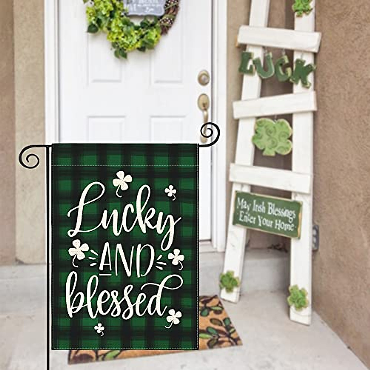 AVOIN colorlife Lucky and Blessed Watercolor Buffalo Plaid Shamrock Garden Flag Double Sided, St Patricks Day Yard Outdoor Flag 12x18 Inch