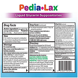 Pedia-Lax Laxative Liquid Glycerin Suppositories for Kids, Ages 2-5, 6 CT, 3 Pack