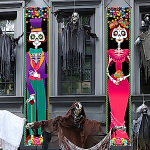 iPartycool Day of The Dead Decorations, Day of The Dead Porch Sign Door Banner, Halloween Costume Mexico Dia De Los Muertos Party Supplies Decorations Flag Welcome Hanging Home Wall Decor Background