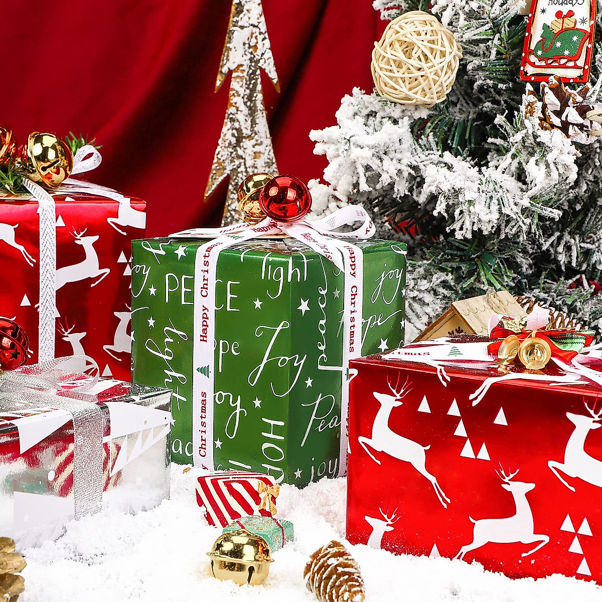 WRAPAHOLIC Christmas Wrapping Paper Roll - Red Green Gold and Silver Snowflakes Trees Holiday Collection with Metallic Foil Shine - 4 Rolls - 30 Inch x 120 Inch Per Roll