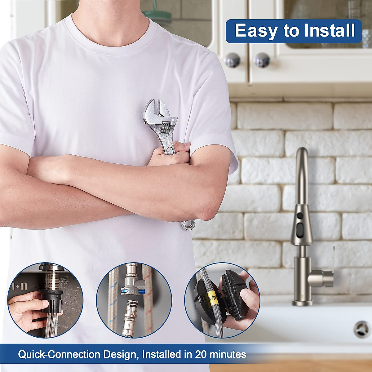 Kitchen Faucet with Pull Down Sprayer VMASSTONE Single Level Stainless Steel Kitchen Sink Faucet with 3-Spray Mode Single Handle High Arc Modern Faucet for Kitchen, RV, Bar (Brushed Nickel)