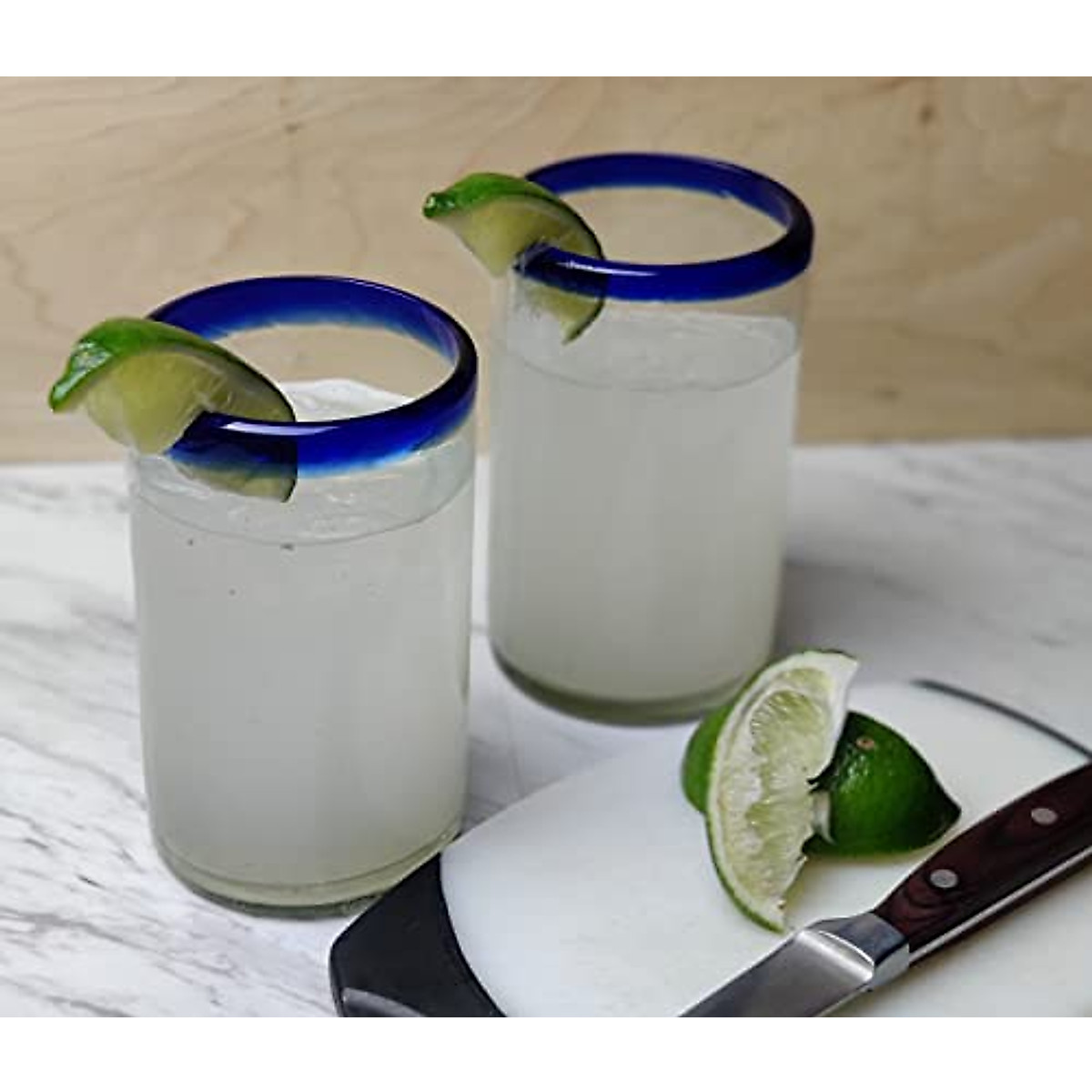 Hand Blown Mexican Drinking Glasses - Set of 6 Glasses with Cobalt Blue Rims (14 oz each)