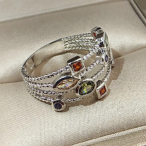 ZJQZBSS 925 Sterling Silver Shiny Full Diamond Cross Ring Colorful Geometric Gem Ring Cubic Zirconia Ring CZ Diamond Multi-Row Ring Eternal Engagement Wedding Ring Women's Jewelry Gift (Size 10)