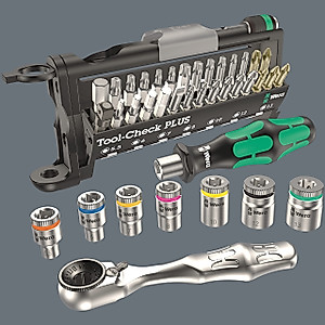 Wera 056490 Tool-Check Plus Bit Ratchet Set with Sockets - Metric & 05073661002 Kraftform Kompakt 27 RA Slotted Ratcheting Screwdriver, 1/4" Head, MULTI